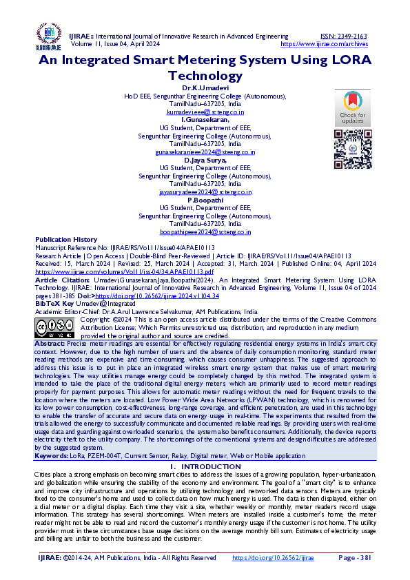 (PDF) An Integrated Smart Metering System Using LORA Technology