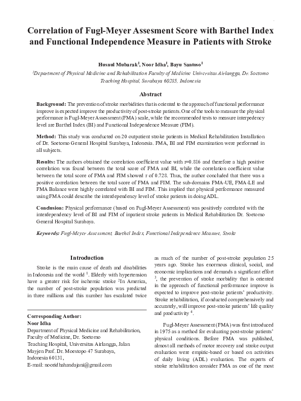 (PDF) Correlation of Fugl-Meyer Assesment Score with Barthel Index and ...