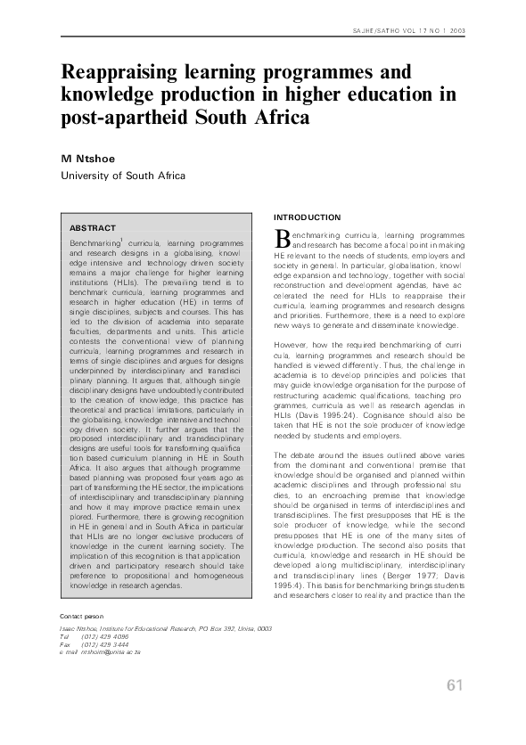 (PDF) Reappraising learning programmes and knowledge production in ...