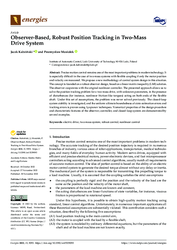 (PDF) Observer-Based, Robust Position Tracking in Two-Mass Drive System (PDF) Observer-Based, Robust Position Tracking in Two-Mass Drive System