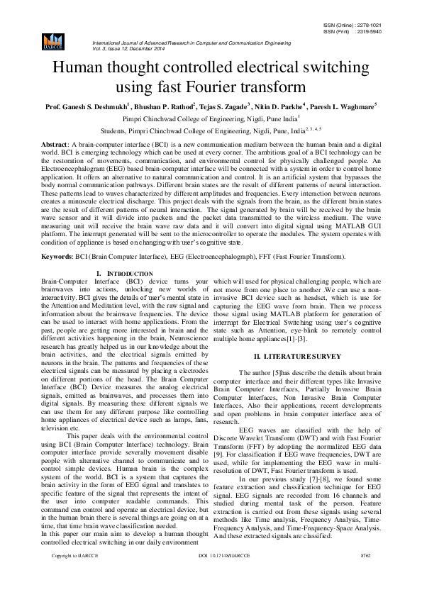 (PDF) Human thought controlled electrical switching using fast Fourier ...