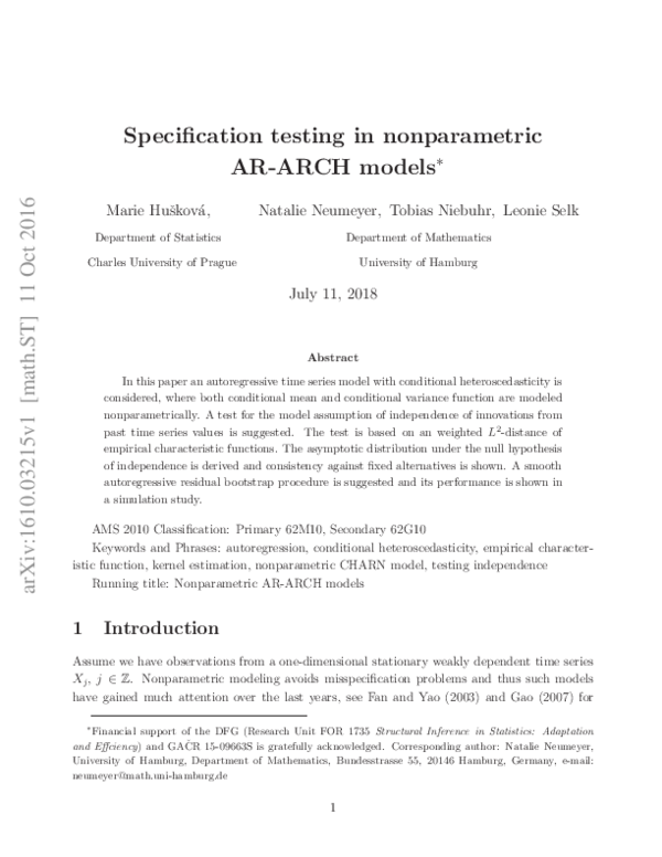 (PDF) Specification testing in nonparametric AR‐ARCH models