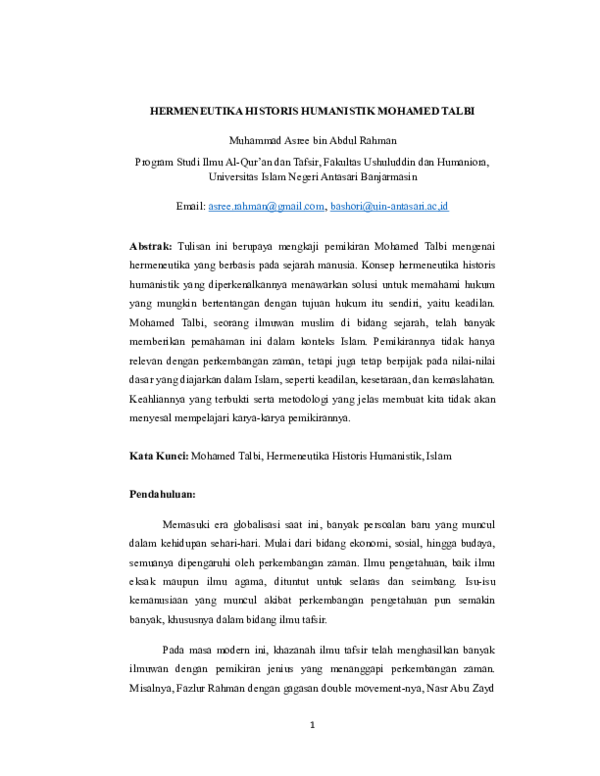 (PDF) HERMENEUTIKA HISTORIS HUMANISTIK MOHAMED TALBI