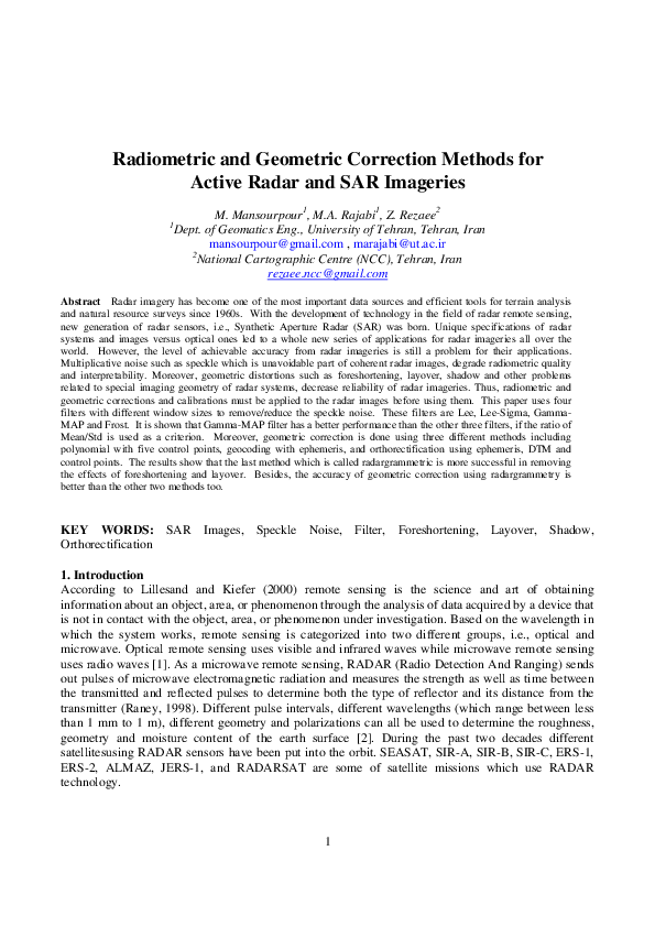 Pdf Radiometric And Geometric Correction Methods For Active Radar And Sar Imageries