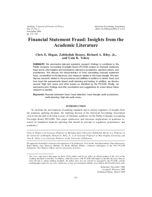 (PDF) Financial Statement Fraud: Insights from the Academic Literature