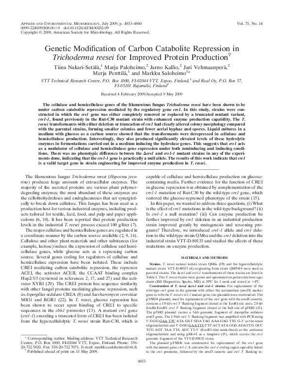 (PDF) Genetic modification of carbon catabolite repression in the filamentous fungus Trichoderma ...