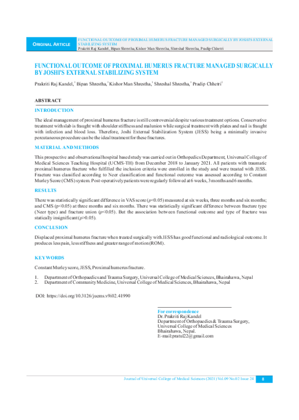 (PDF) Functional Outcome of Proximal Humerus Fracture Managed Surgically by Joshi's External ...