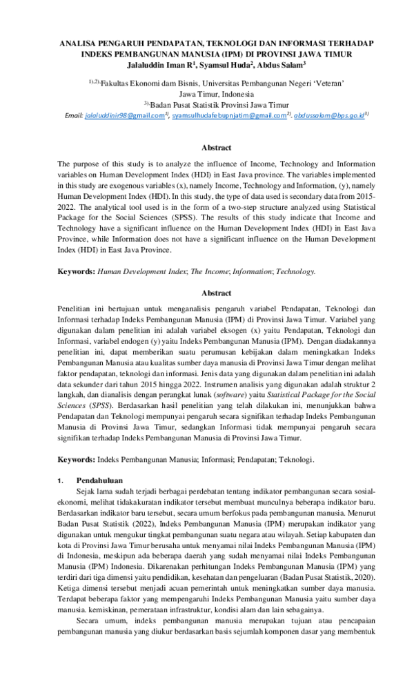(PDF) Analisa Pengaruh Pendapatan, Teknologi Dan Informasi Terhadap Indeks Pembangunan Manusia ...