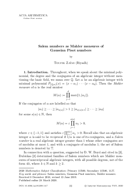 (PDF) Salem numbers as Mahler measures of Gaussian Pisot numbers