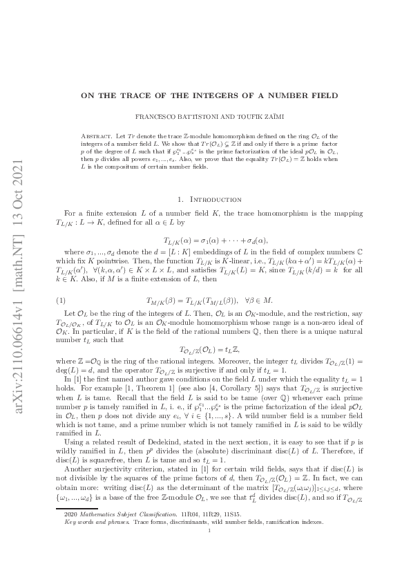 (PDF) On the trace of the integers of a number field