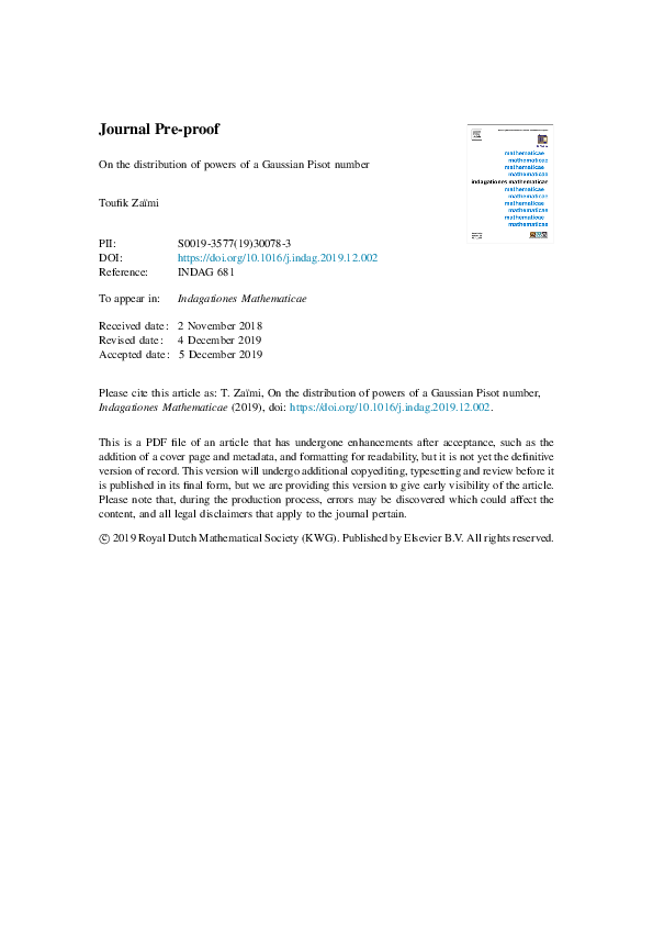(PDF) On the distribution of powers of a Gaussian Pisot number | Toufik ...