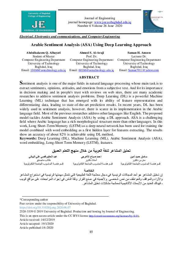 (PDF) Arabic Sentiment Analysis (ASA) Using Deep Learning Approach