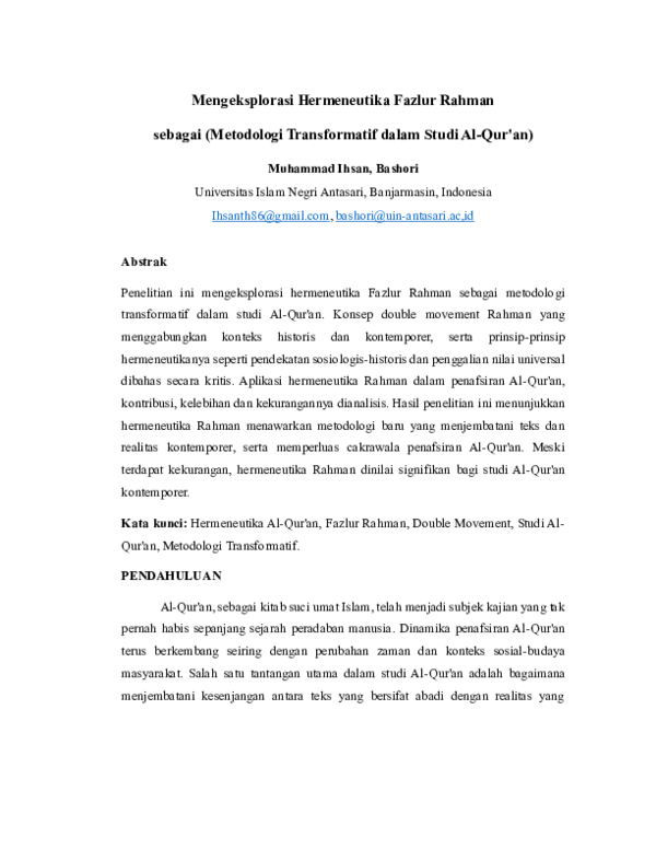 (PDF) Mengeksplorasi Hermeneutika Fazlur Rahman sebagai (Metodologi Transformatif dalam Studi Al ...