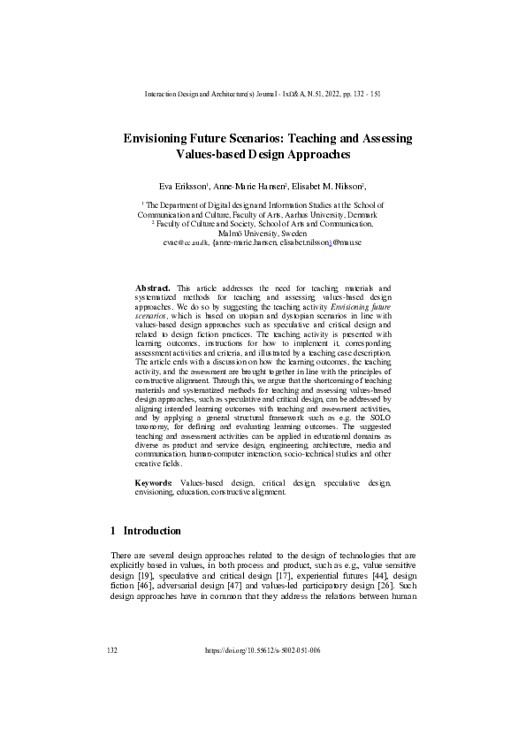 (PDF) Envisioning Future Scenarios: Teaching and Assessing Values-based Design Approaches | Eva ...