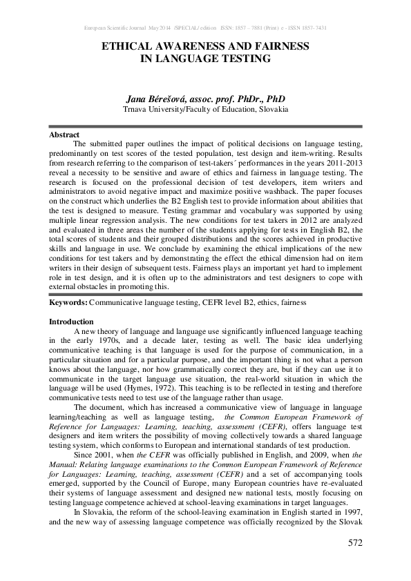 (PDF) Ethical Awareness and Fairness in Language Testing