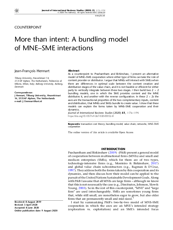 (PDF) More than intent: A bundling model of MNE–SME interactions