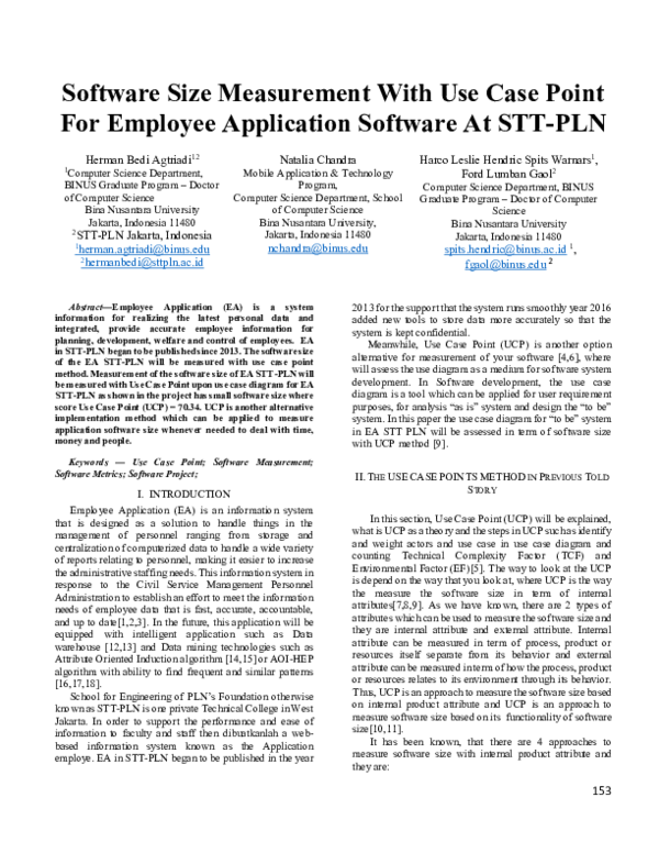 (PDF) Software size measurement with use case point for employee application software at STT-PLN