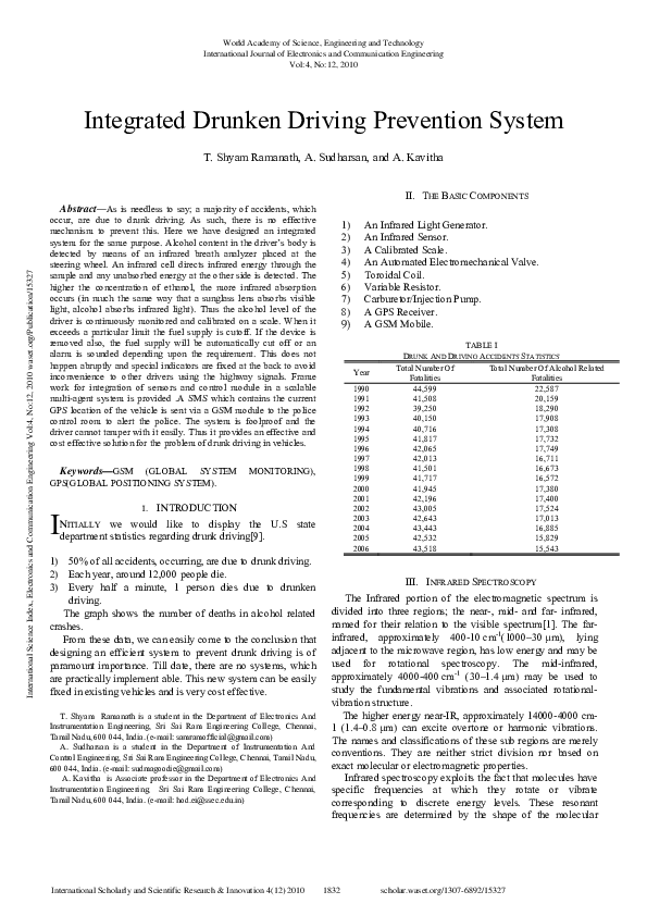 (PDF) Integrated Drunken Driving Prevention System
