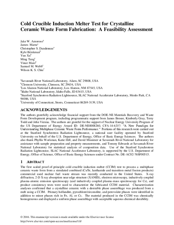 (PDF) Cold crucible induction melter test for crystalline ceramic waste ...