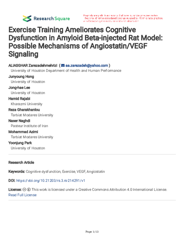 (PDF) Exercise Training Ameliorates Cognitive Dysfunction in Amyloid ...