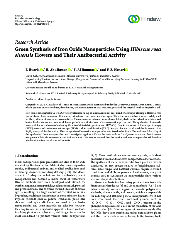 (PDF) Green Synthesis of Iron Oxide Nanoparticles Using Hibiscus rosa sinensis Flowers and Their ...