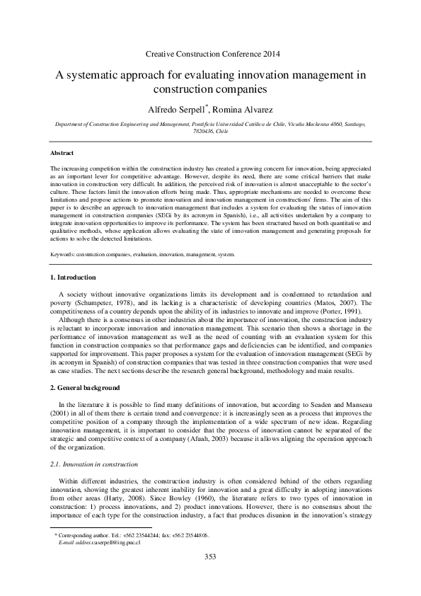 (PDF) A Systematic Approach for Evaluating Innovation Management in Construction Companies