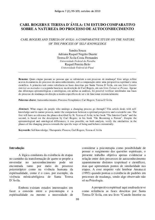 (PDF) Carl Rogers e Teresa D´ávila: Um Estudo Comparativo Sobre a Natureza Do Processo De ...