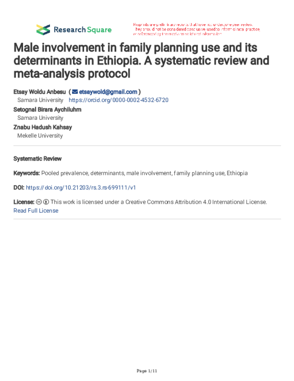 (PDF) Male involvement in family planning use and its determinants in Ethiopia. A systematic ...