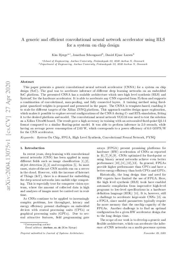 Pdf A Generic And Efficient Convolutional Neural Network Accelerator Using Hls For A System On