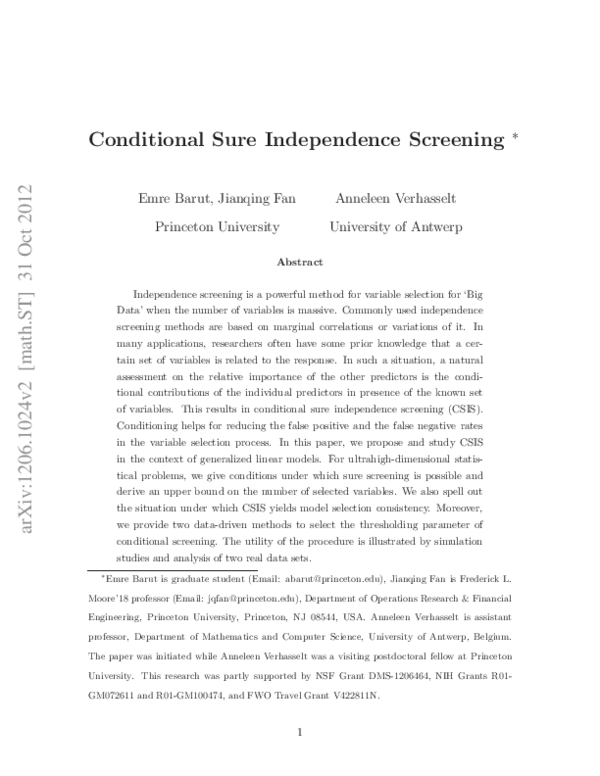 Pdf Conditional Sure Independence Screening