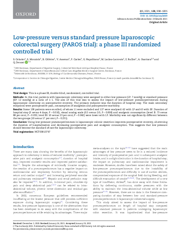 (PDF) Low-pressure versus standard pressure laparoscopic colorectal ...
