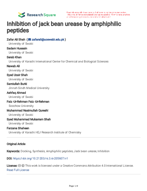 (PDF) Inhibition of jack bean urease by amphiphilic peptides | Syed ...