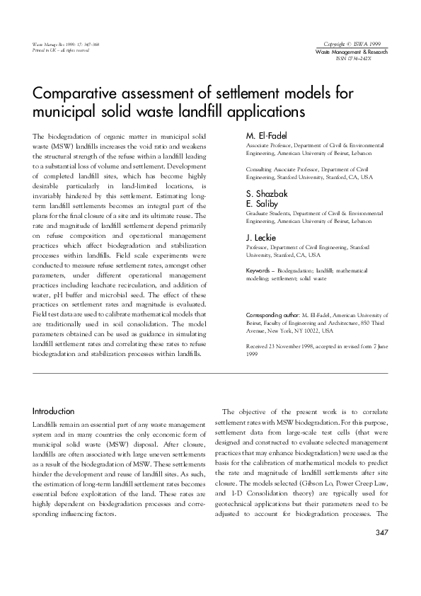 (PDF) Comparative assessment of settlement models for municipal solid ...