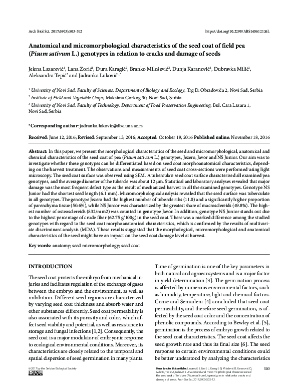 (PDF) Anatomical and micromorphological characteristics of the seed coat of field pea (Pisum ...