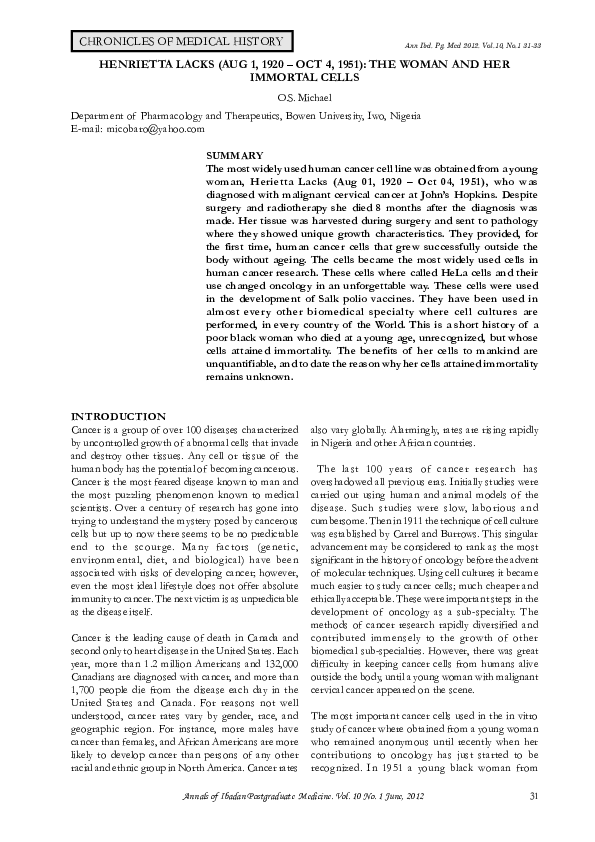 (PDF) Henrietta Lacks (Aug 1, 1920 – Oct 4, 1951): The Woman and Her ...