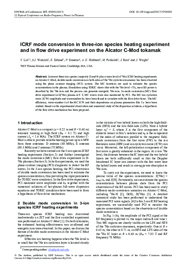 (PDF) ICRF mode conversion in three-ion species heating experiment and ...