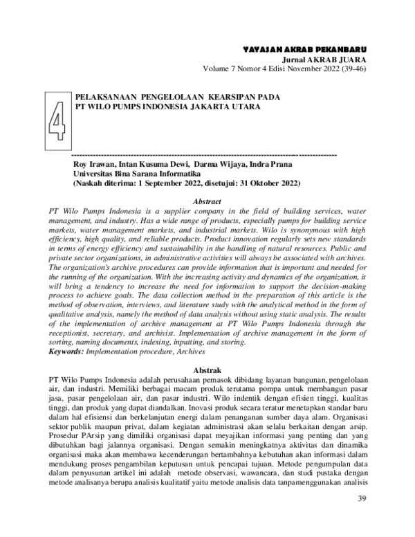 (PDF) Pelaksanaan Pengelolaan Kearsipan Pada PT Wilo Pumps Indonesia ...