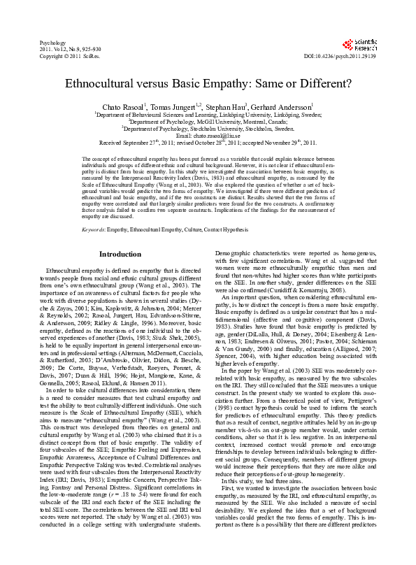 (PDF) Ethnocultural versus Basic Empathy: Same or Different? | Stephan ...