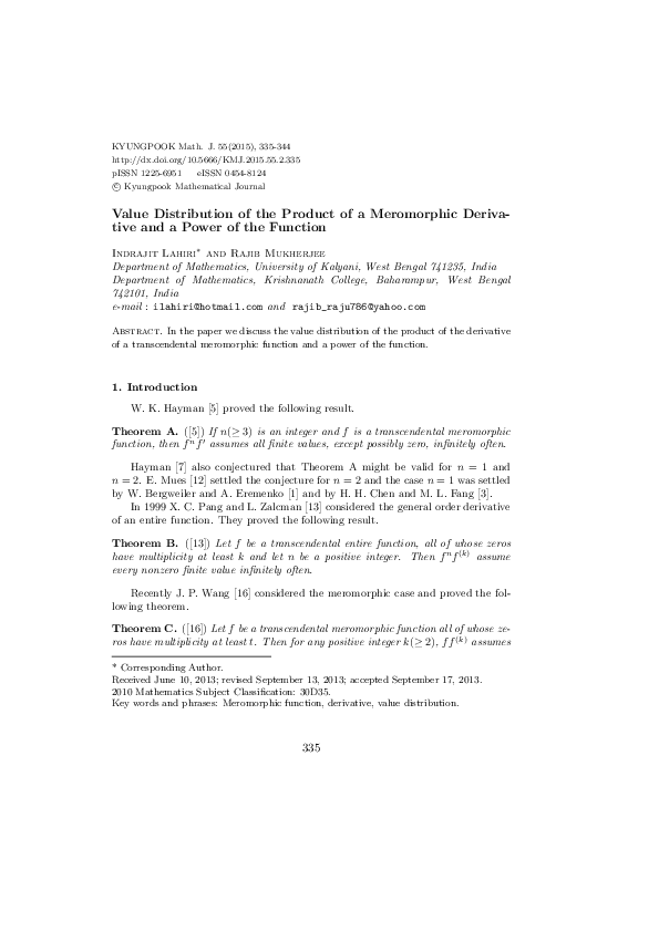 (PDF) Value Distribution of the Product of a Meromorphic Derivative and a Power of the Function