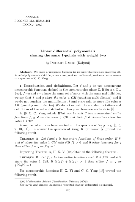 (PDF) Linear differential polynomials sharing the same 1-points with weight two | Indrajit ...