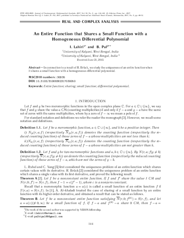 (PDF) An entire function that shares a small function with a homogeneous differential polynomial