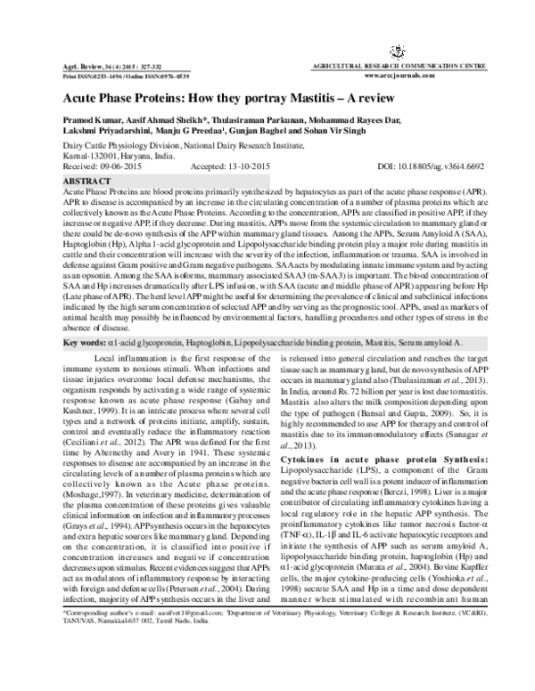 (PDF) Acute Phase Proteins: How they portray Mastitis – A review