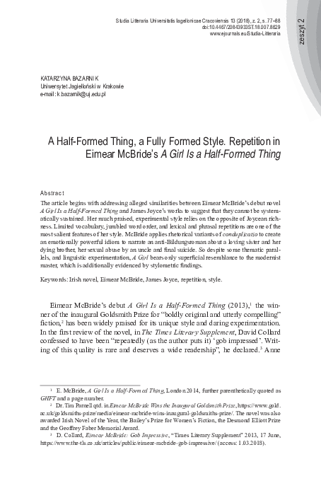 (PDF) A Half-Formed Thing, a Fully Formed Style. Repetition in Eimear ...