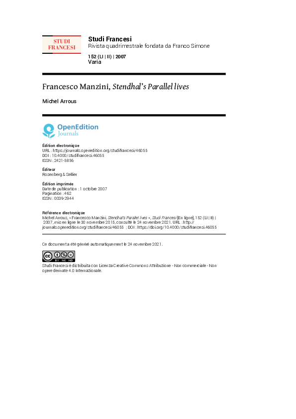 (PDF) Francesco Manzini, Stendhal’s Parallel lives