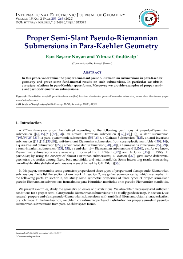 (PDF) Proper Semi-Slant Pseudo-Riemannian Submersions in Para-Kaehler ...