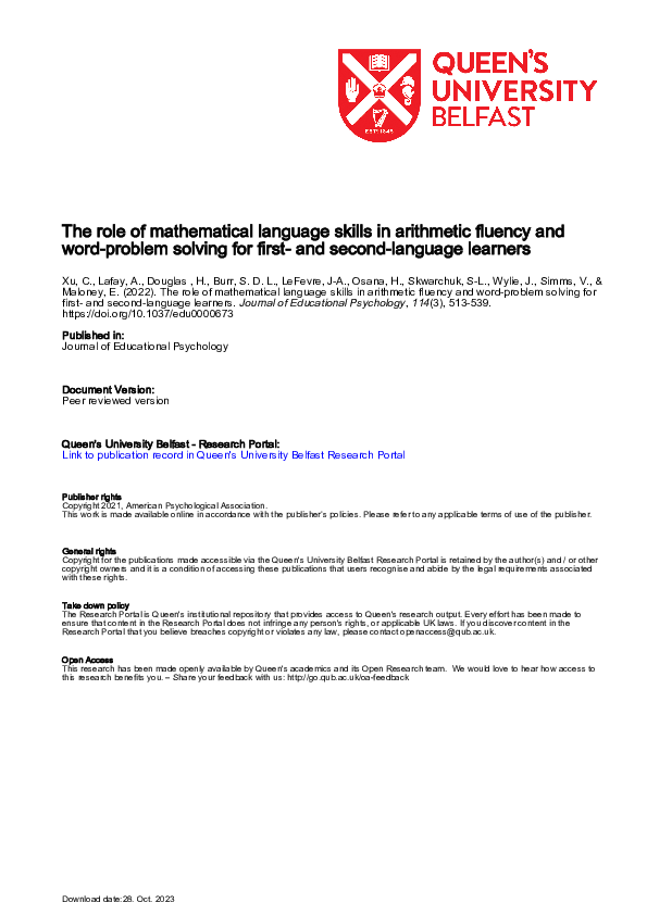 (PDF) The role of mathematical language skills in arithmetic fluency and word-problem solving ...