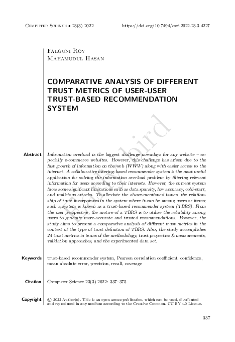 Pdf Comparative Analysis Of Different Trust Metrics Of User User