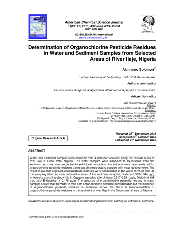 (PDF) Determination of Organochlorine Pesticide Residues in Water and Sediment Samples from ...