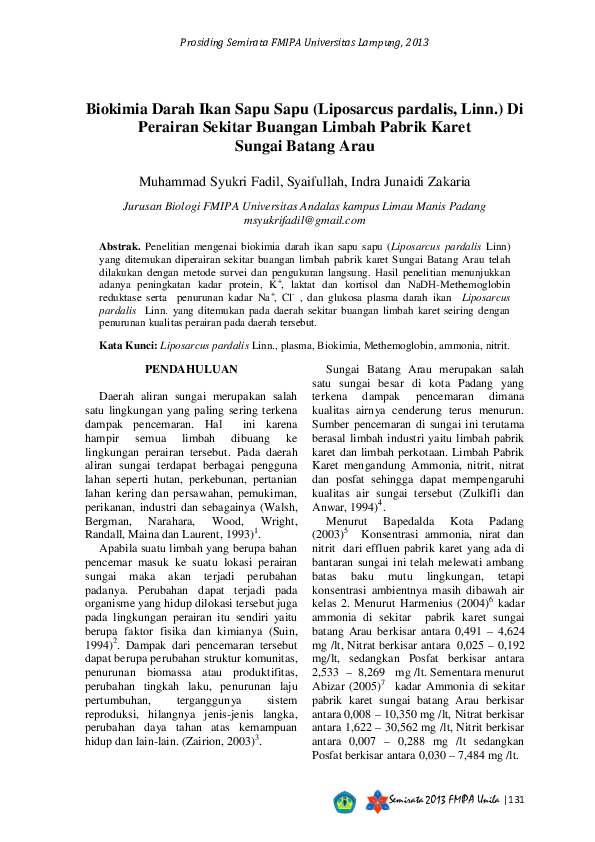 (PDF) Biokimia Darah Ikan Sapu Sapu (Liposarcus pardalis, Linn.) Di Perairan Sekitar Buangan ...