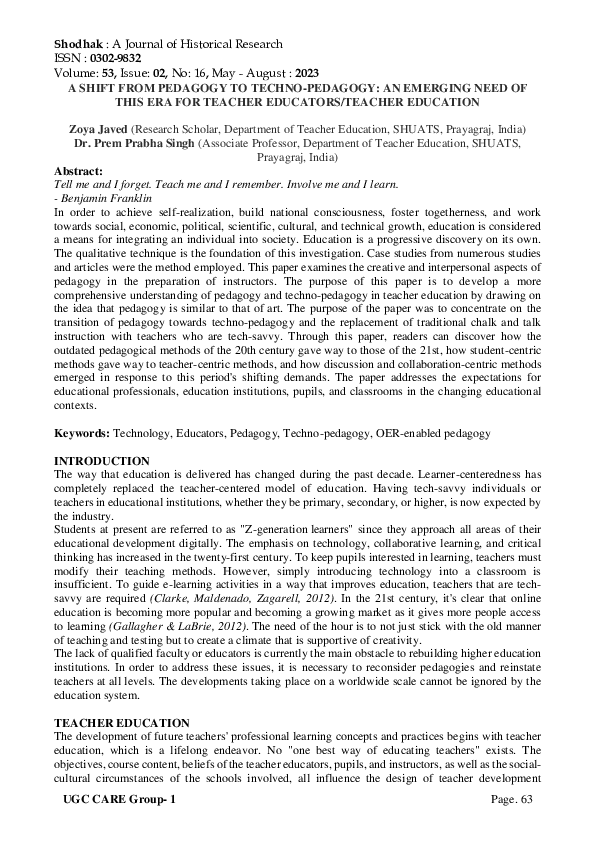(PDF) A SHIFT FROM PEDAGOGY TO TECHNO-PEDAGOGY: AN EMERGING NEED OF ...